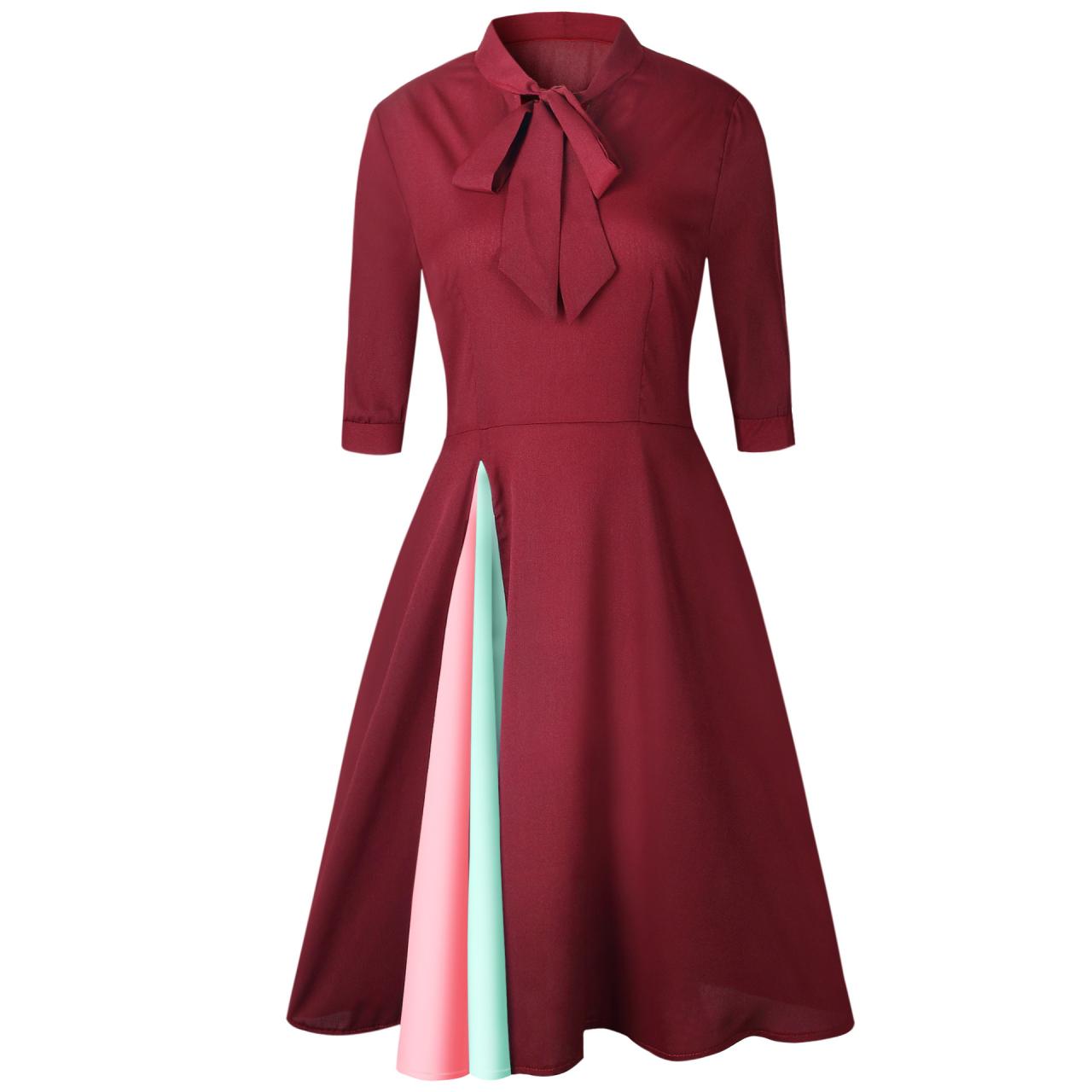 Women Patchwork Dress Half Sleeve Bow Tie Work Office A Line Casual ...