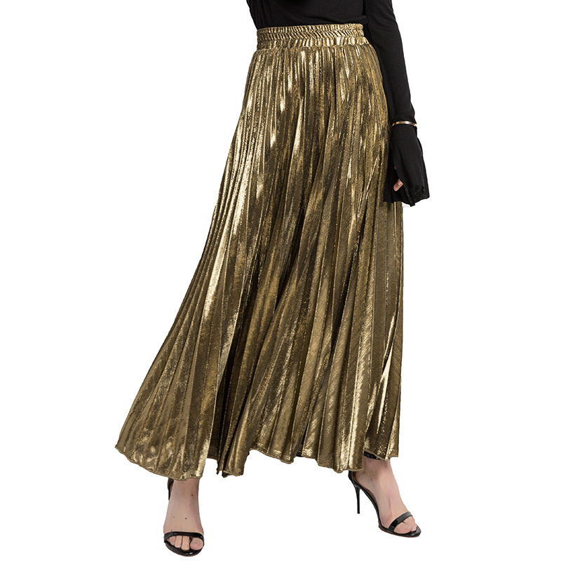 Women Maxi Skirt High Waist Ankle Length Casual Metallic Long Pleated ...