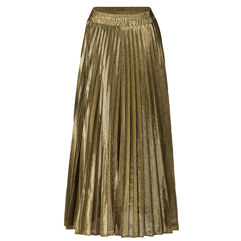 Women Maxi Skirt High Waist Ankle Length Casual Metallic Long Pleated ...