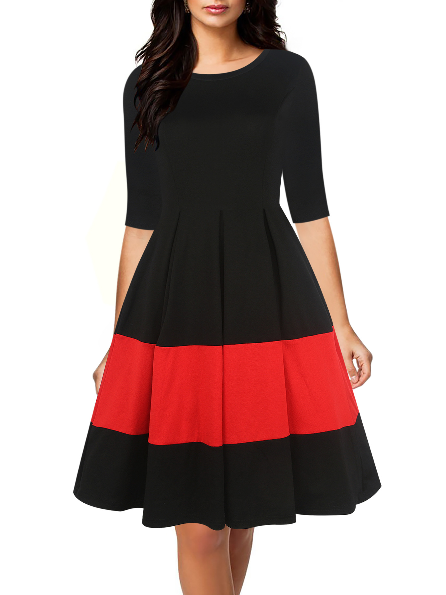 Women Casual Dress Autumn Half Sleeve Patchwork A-Line Office Work ...
