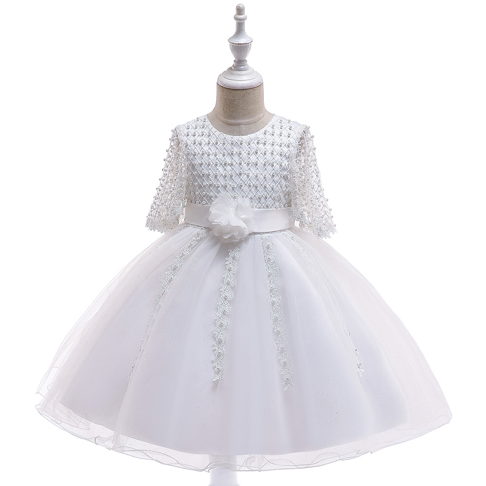 Beaded Flower Girl Dress Half Sleeve Lace Wedding Birthday Perform ...