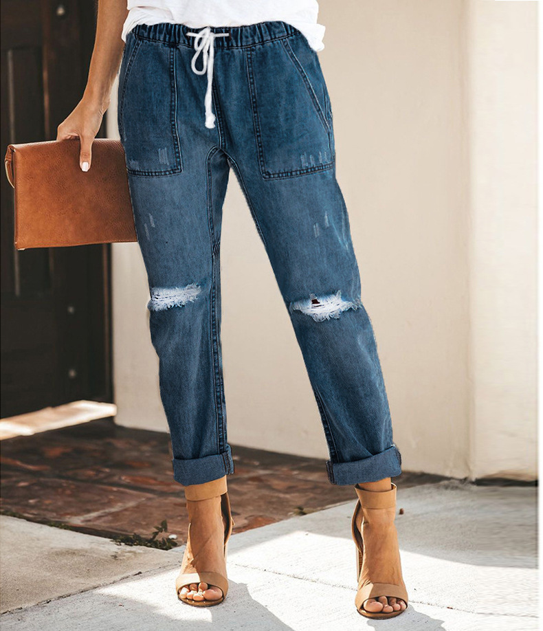 Women Jeans Drawstring High Waist Ripped Boyfriend Casual Loose Denim ...