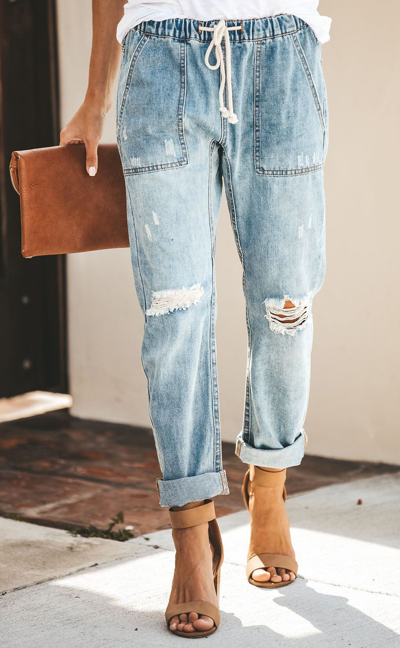 Women Jeans Drawstring High Waist Ripped Boyfriend Casual Loose Denim ...